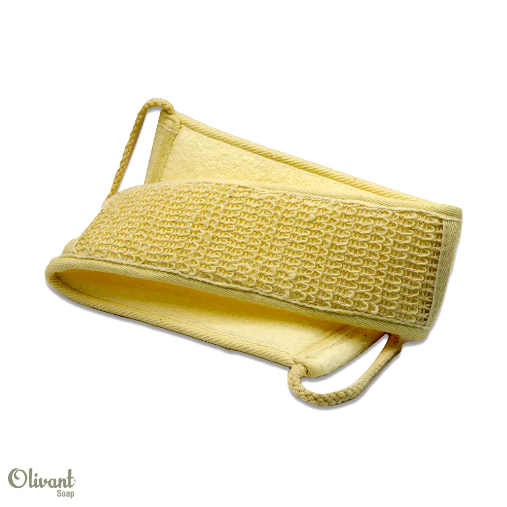 Natural jute back-scrubbing belt with handles | olivantsoap